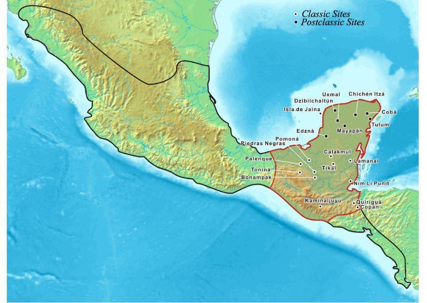 Clipart de mapa da civilização maia que mostra várias cidades e áreas da