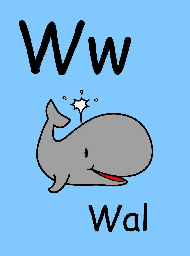 Clipartafbeelding van w met een grijze walvis en de tekst "Wal" eronder