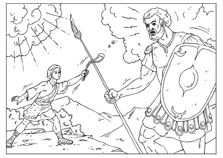 Pagina para colorir de David e Golias mostrando David com uma funda e ...