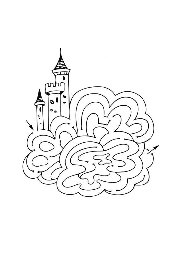 Pagina para colorir de labirinto - castelo com torres e nuvens ao redor